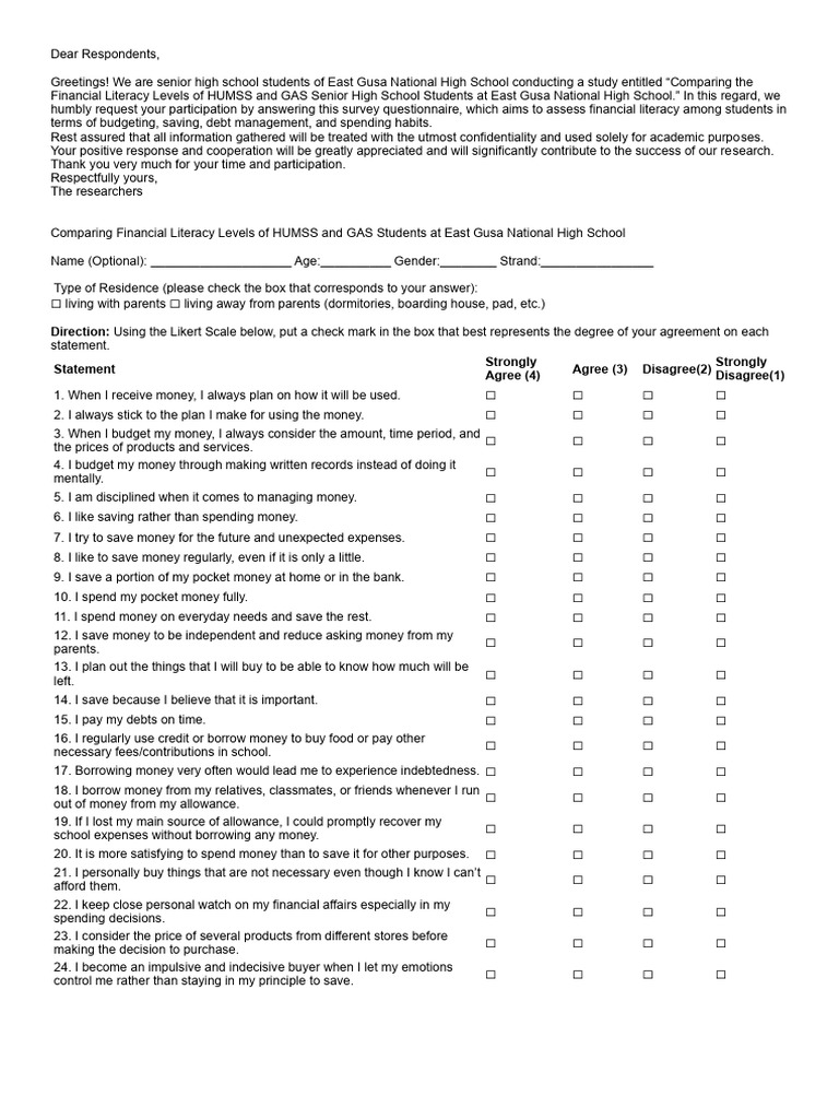 Survey Questionnaire Group 3 Inquiry | PDF | Debt | Business