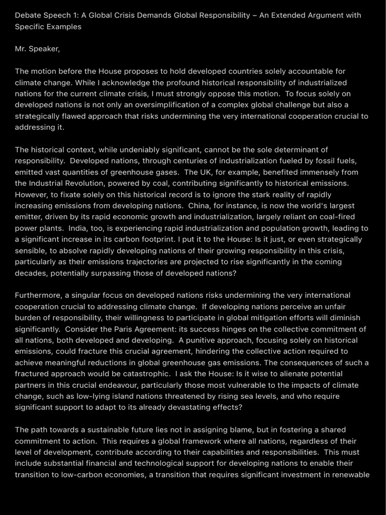 Debate Speech 1 A Global Crisis Demands Global Responsibility - An | PDF | Climate Change ...