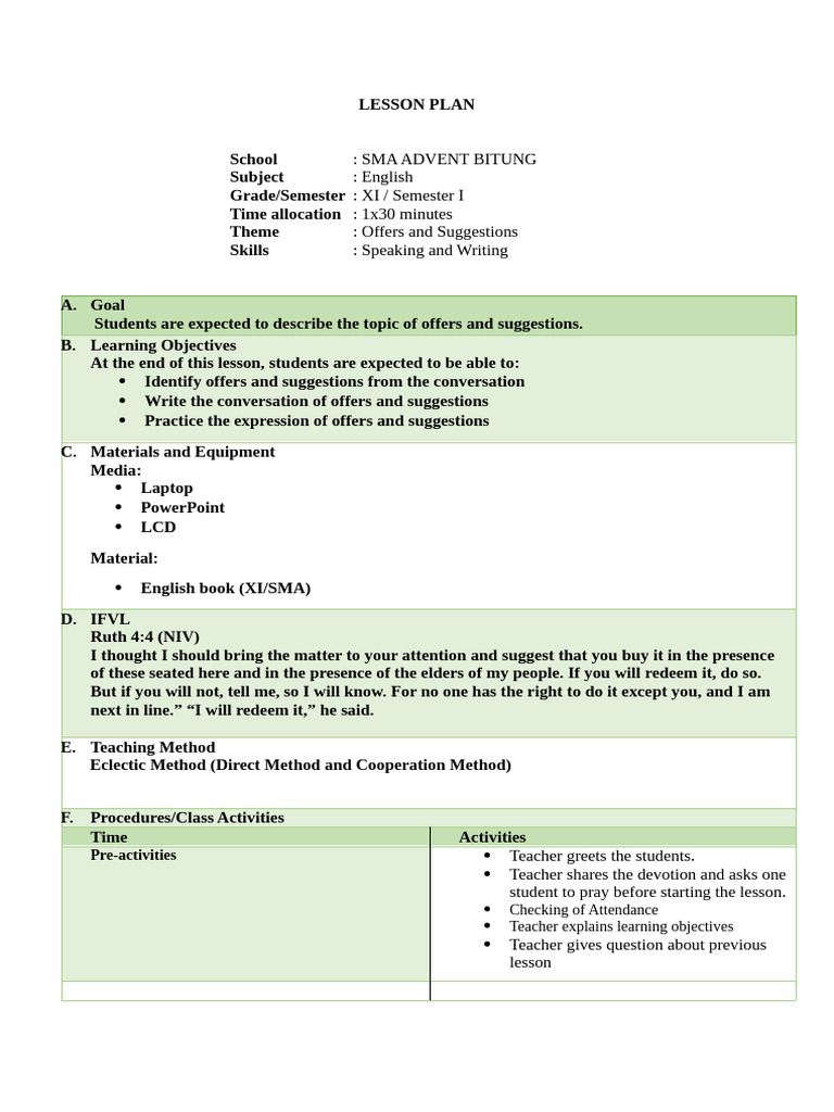 Offers and Suggestions Lesson Plan | PDF | Vocabulary | Teachers