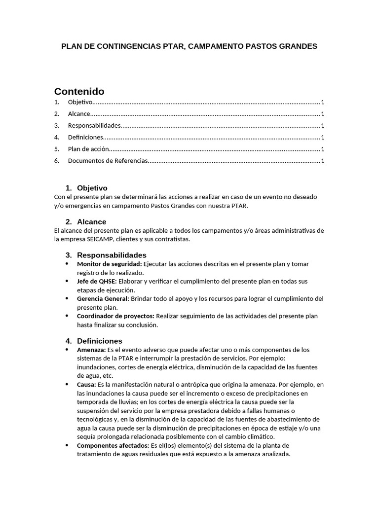 Plan de Contingencias PTAR Pastos Grandes | PDF | Inundar