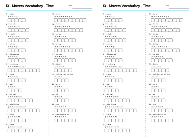 13 Movers Vocabulary Time Anagram | PDF