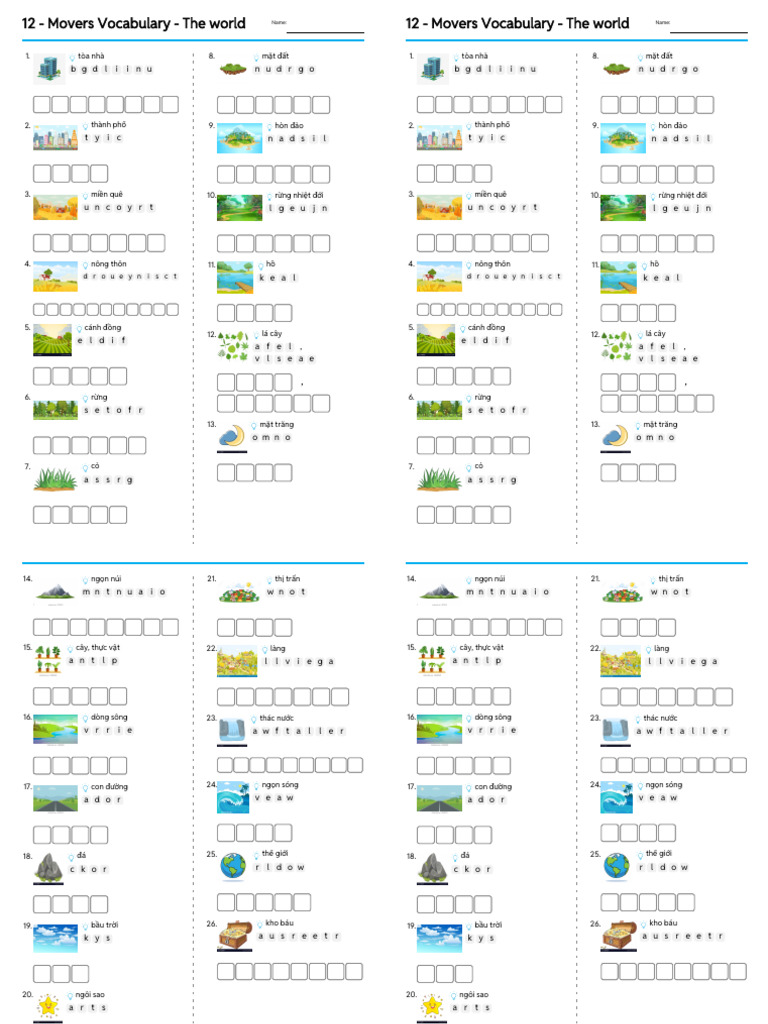 12 Movers Vocabulary The World Anagram | PDF