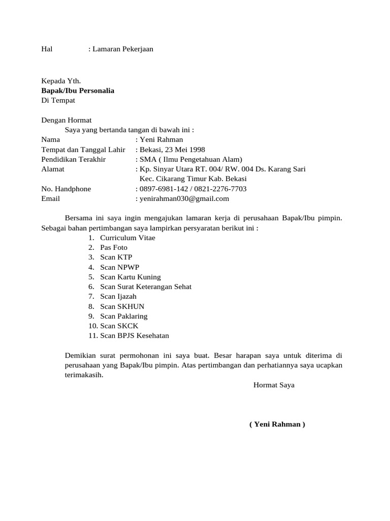 Surat Lamaran Yeni Rahman 2022 - 031231 | PDF