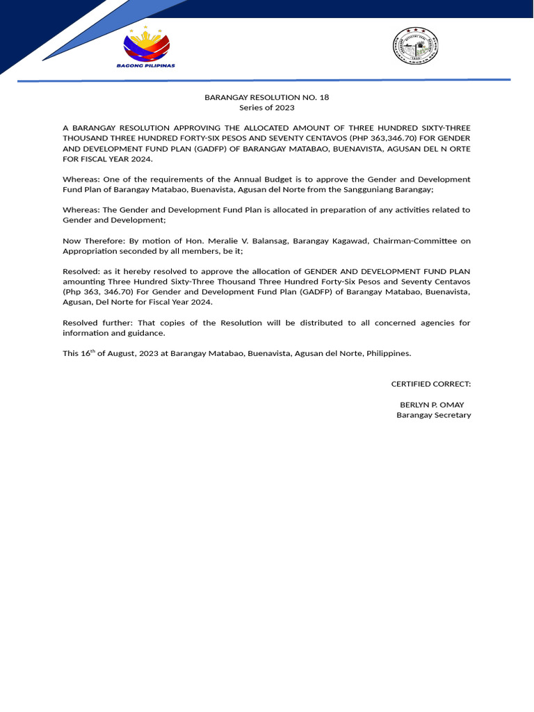 Barangay Resolution No (Gad) | PDF