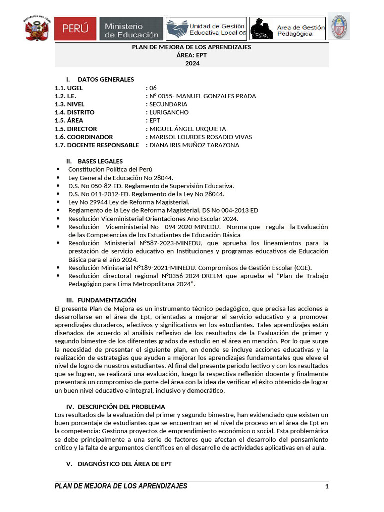Plan de Mejora 2024 - Ept - Diana Muñoz | PDF | Aprendizaje | Enseñando
