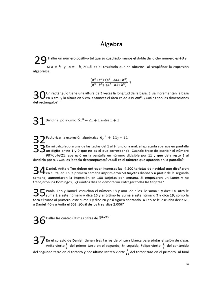 Problemas de Álgebra y Ecuaciones | PDF | Matemáticas | Álgebra