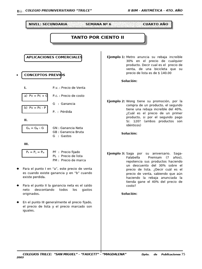 4to. Año - ARIT - Guia 6 - Regla Del Tanto Por Ciento II | PDF