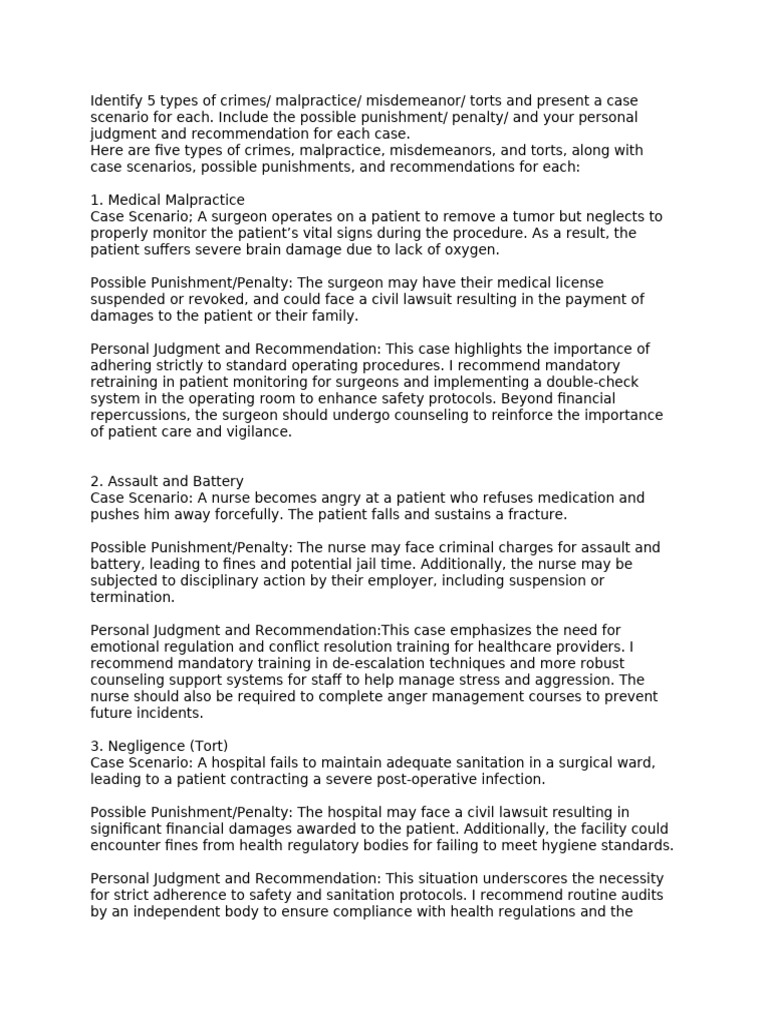 Identify 5 Types of Crimes Malpractice Misdemeanor Torts An | PDF ...