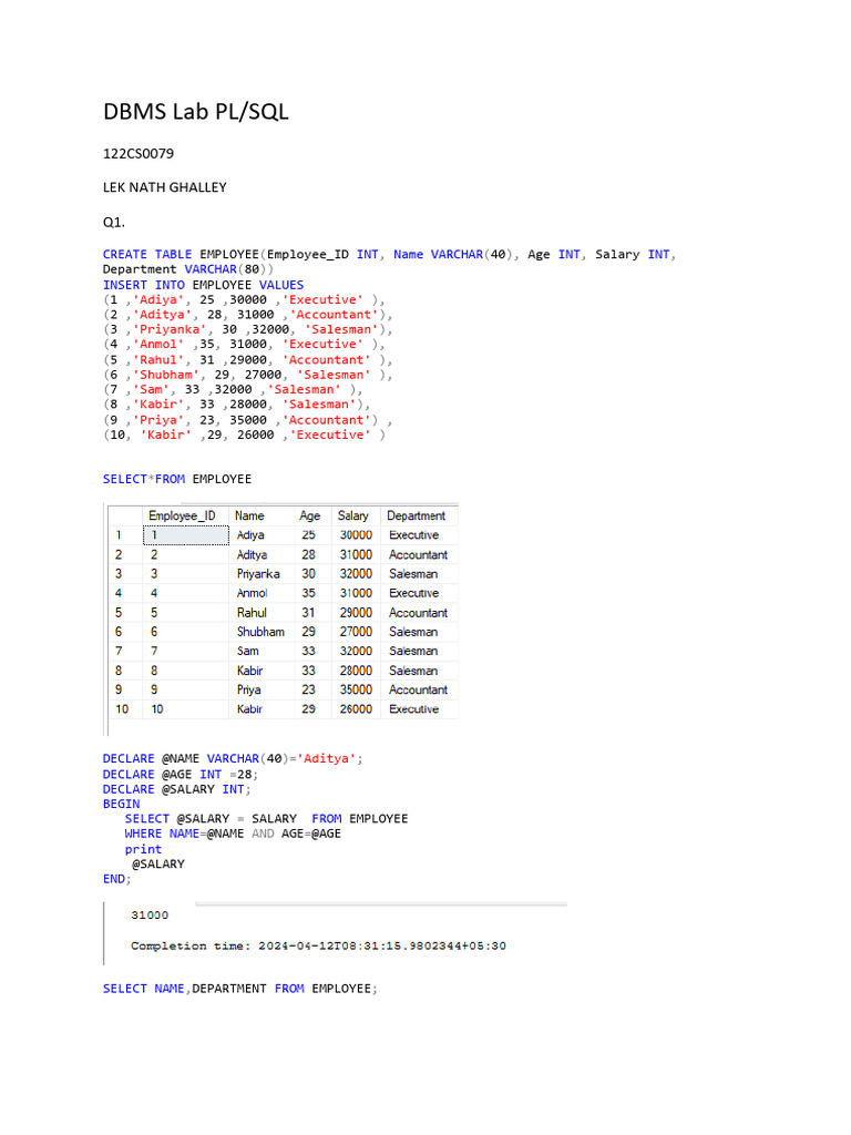 PL/SQL Employee Database Operations | PDF | Databases | Sql