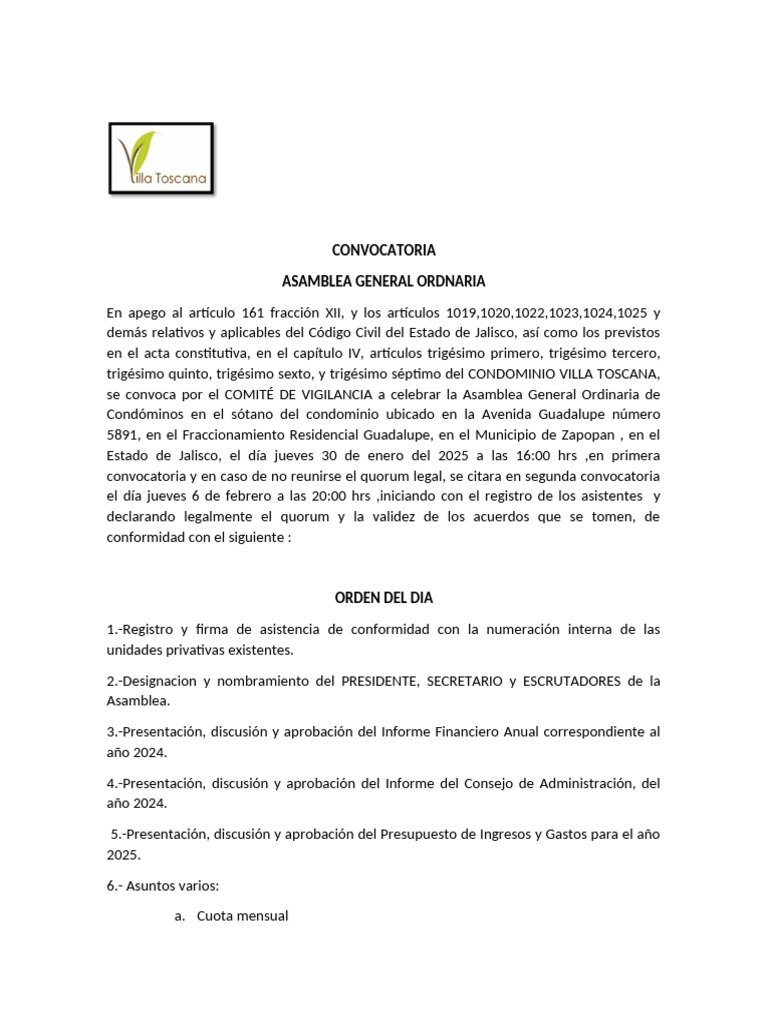 CONVOCATORIA VILLA TOSCANA VBVBVB | PDF | Condominio