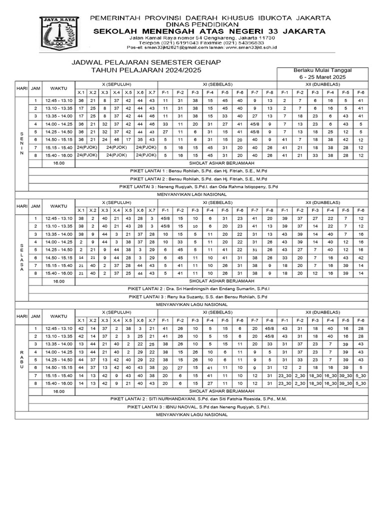 JADWAL PELAJARAN SEMESTER GENAP TAHUN PELAJARAN 2024-2025 (6 - 25 Maret 2025) | PDF