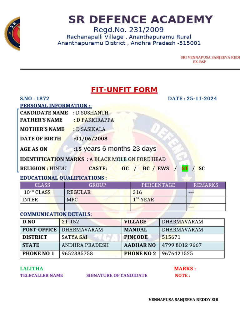 BIO DATA FORMN D SUSHANTH | PDF
