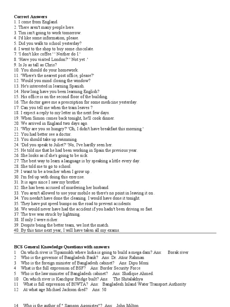 Correct Answers | PDF | English Literature | Dhaka