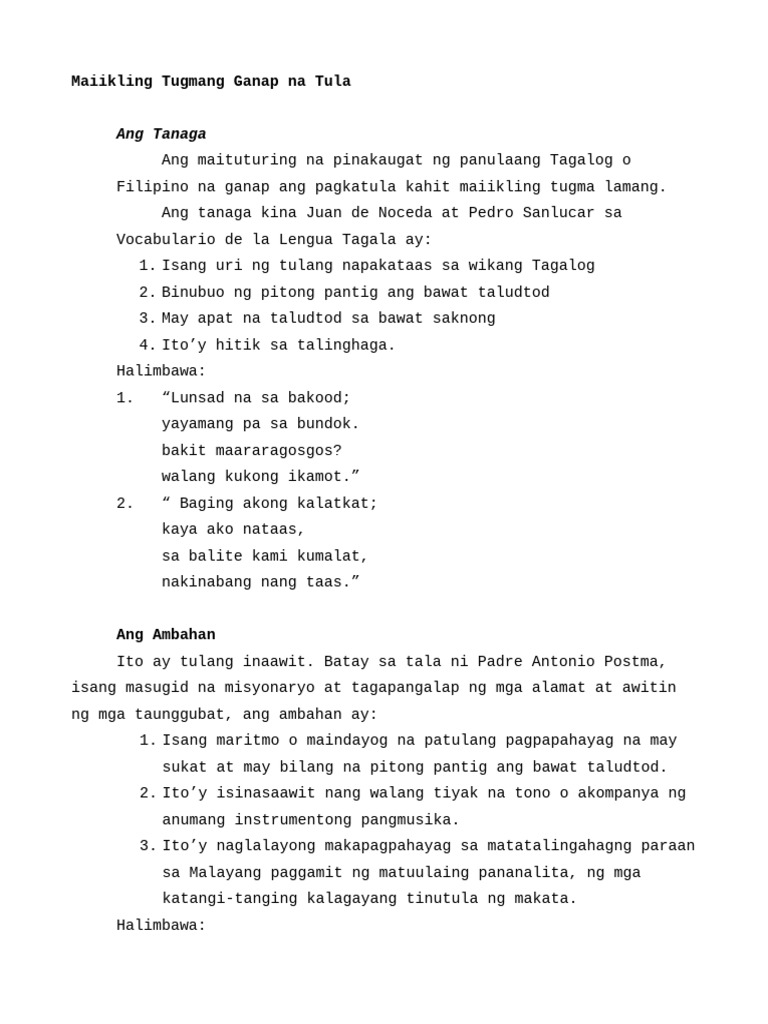Maiikling Tugmang Ganap Na Tula | PDF