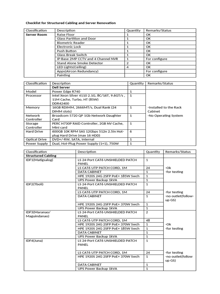 Checklist For Structured Cabling and Server Renovation | PDF | Computer ...
