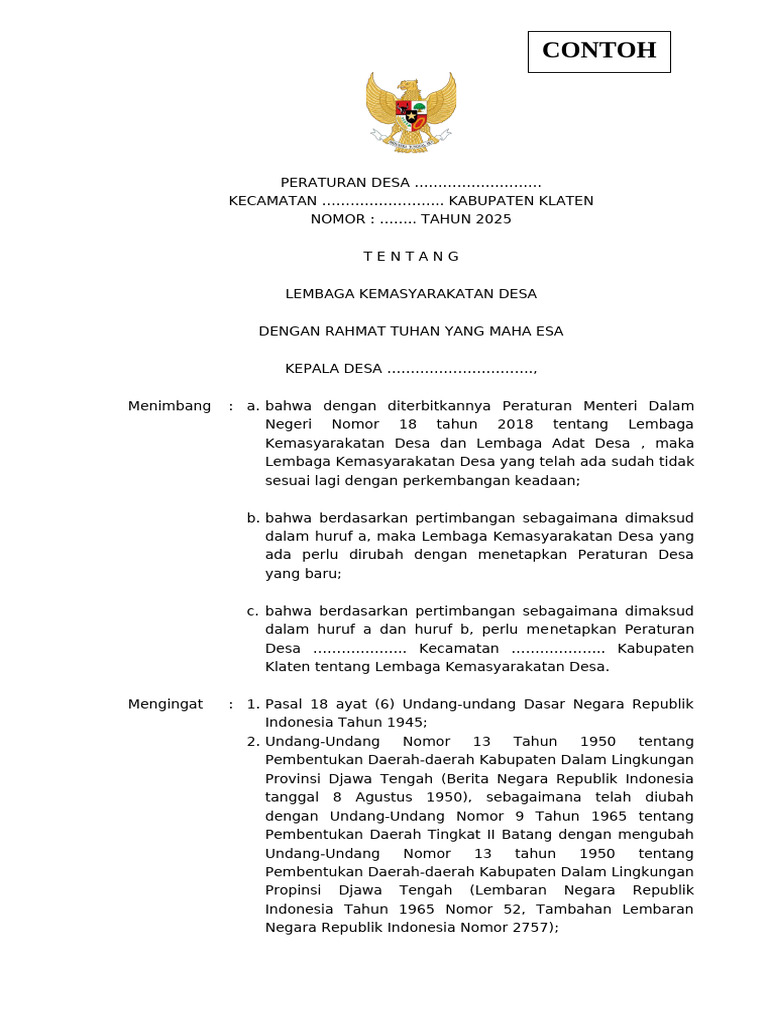 Contoh Perdes Tentang Lembaga Kemasyarakatan Desa | PDF