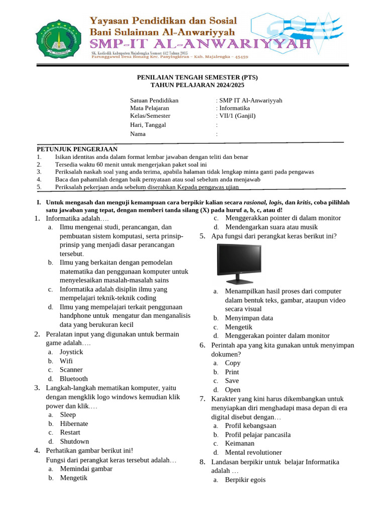 Soal PTS Informatika 7 Ganjil 2024 | PDF