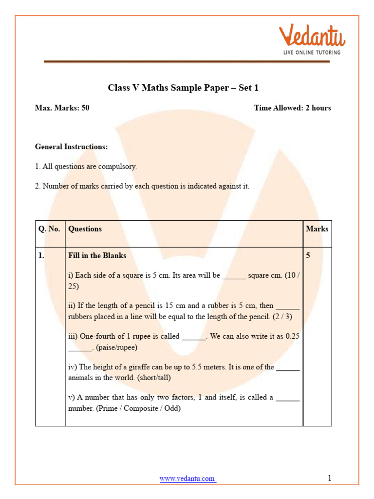 CBSE Class 5 Maths Sample Paper Set 1 With Solutions FREE PDF - 2024-25 | PDF | Length | Area