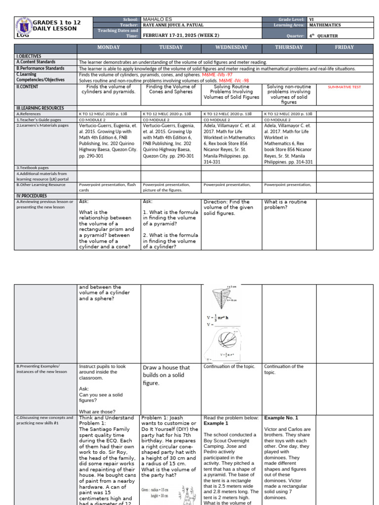 DLL_MATHEMATICS 6_Q4_W2 v2 | PDF | Volume | Area