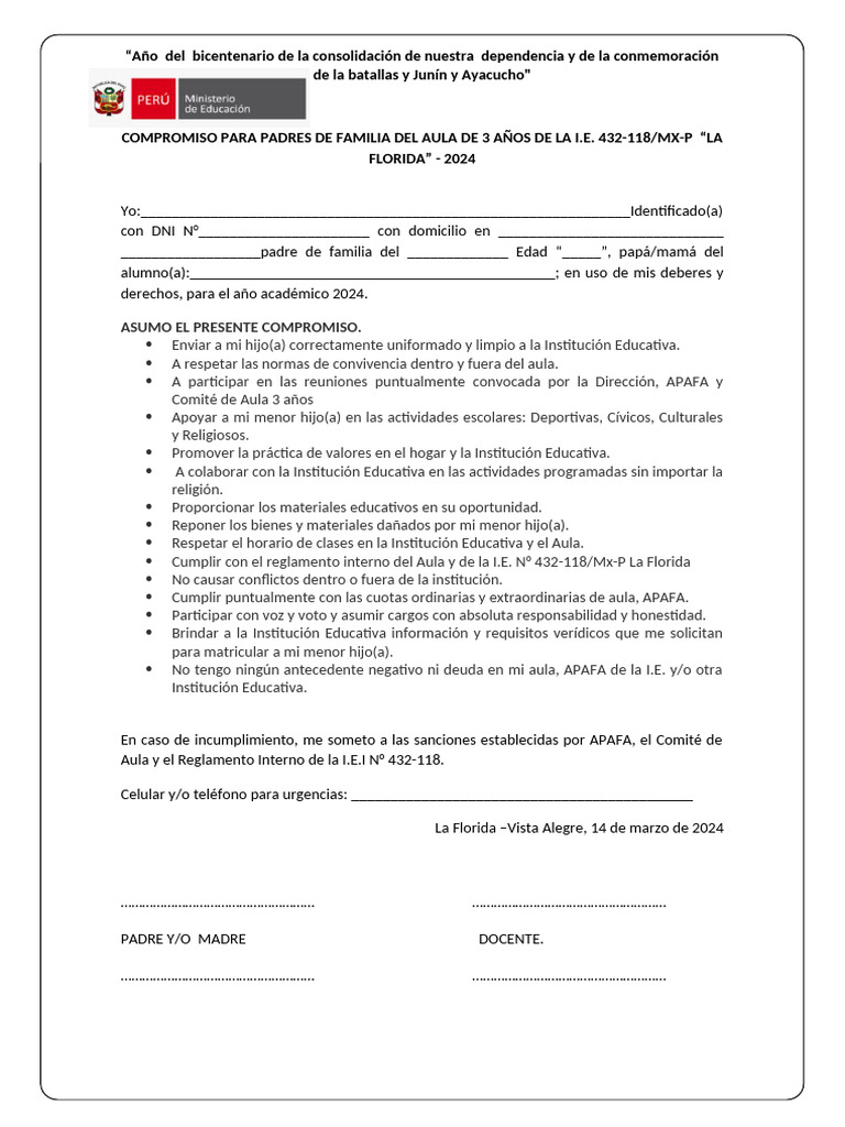 Compromiso Padres Aula 3 Años 2024 | PDF