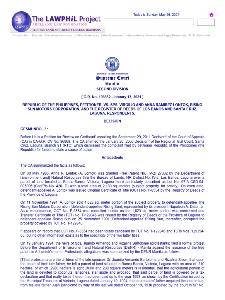 G.R. No. 198832 Republic V Lontok | PDF | Cause Of Action | Patent
