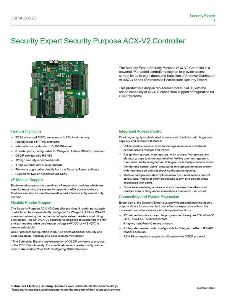 SP-ACX-V2 Security Expert - SP-ACX-V2 Controller - Specification Sheet ...