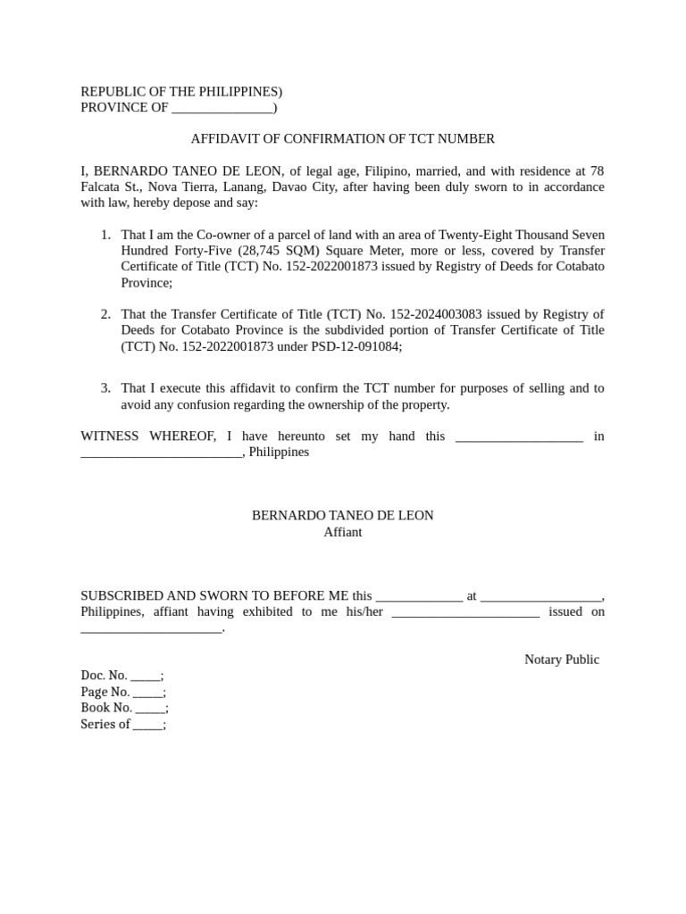 Affidavit Confirming TCT Ownership | PDF