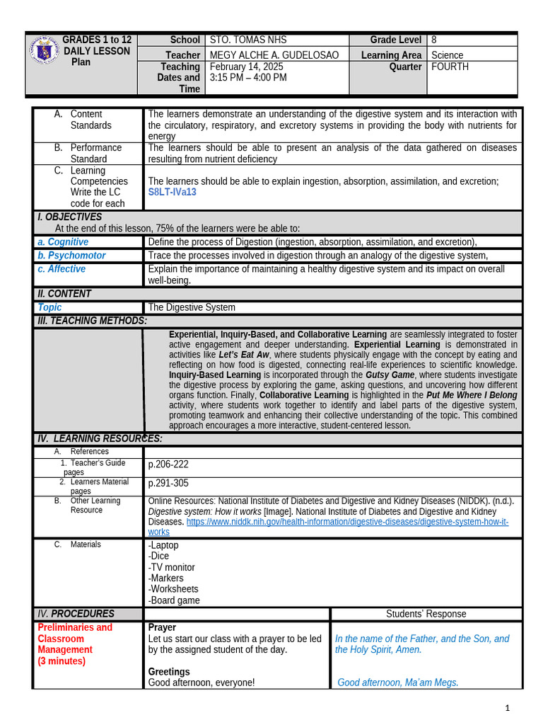 Grade 8 Science: Digestive System Lesson Plan | PDF | Digestion ...