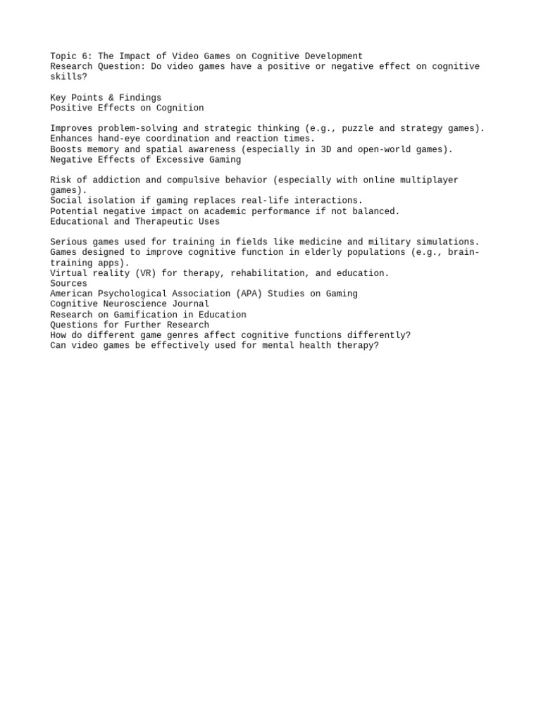 Topic 6 The Impact of Video Games | PDF