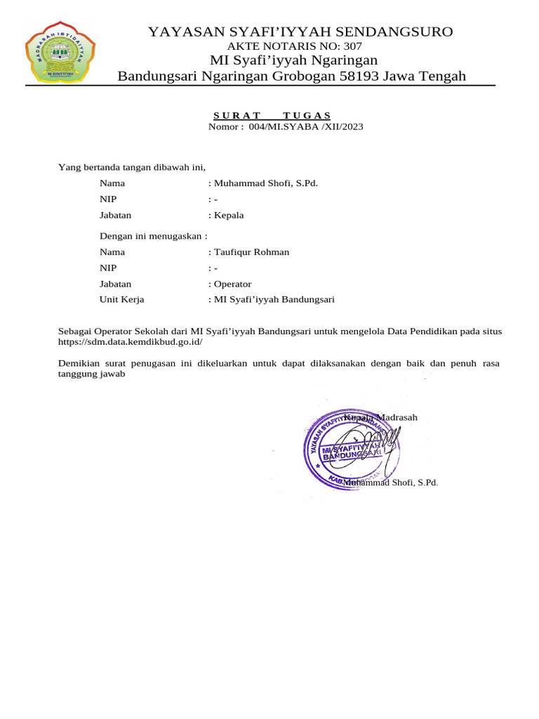 Surat Tugas Operator EMIS | PDF