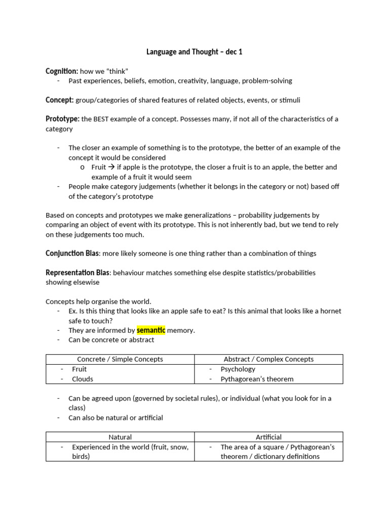 Language and Thought psych 101 lecture notes | PDF | Concept | Word