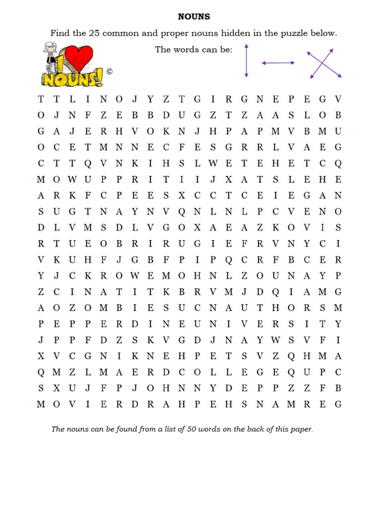 Find The 25 Common and Proper Nouns Hidden in The Puzzle Below. The ...