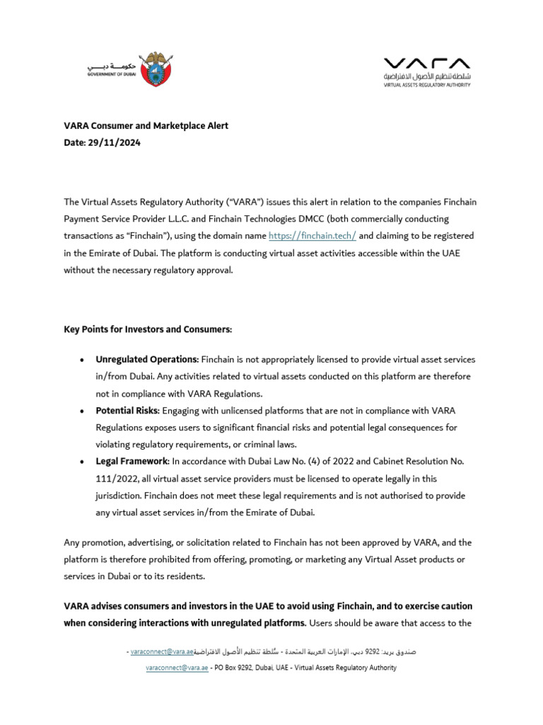Vara Consumer and Marketplace Alert Finchain | PDF | United Arab ...