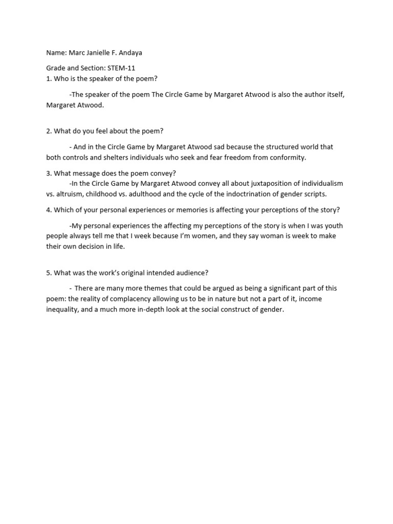 Analysis of Atwood's "The Circle Game" | PDF