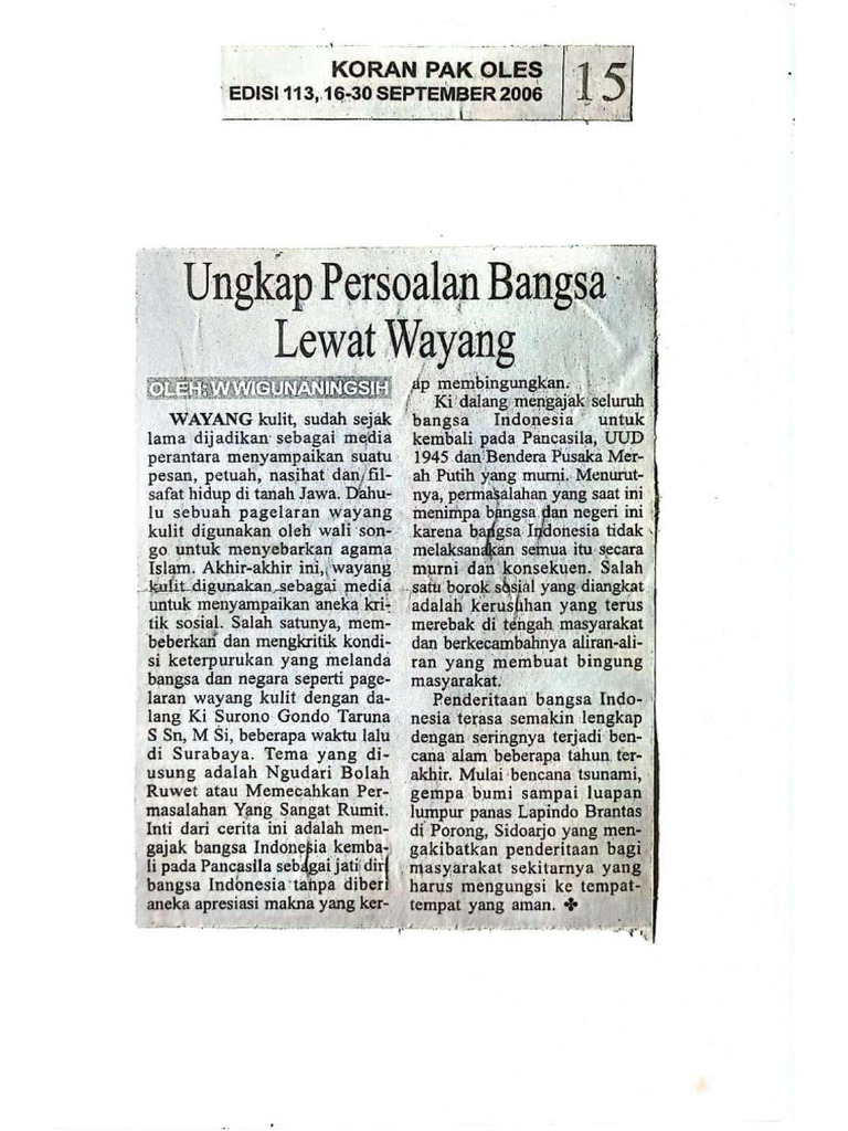 Ungkap Persoalan Bangsa Lewat Wayang | PDF
