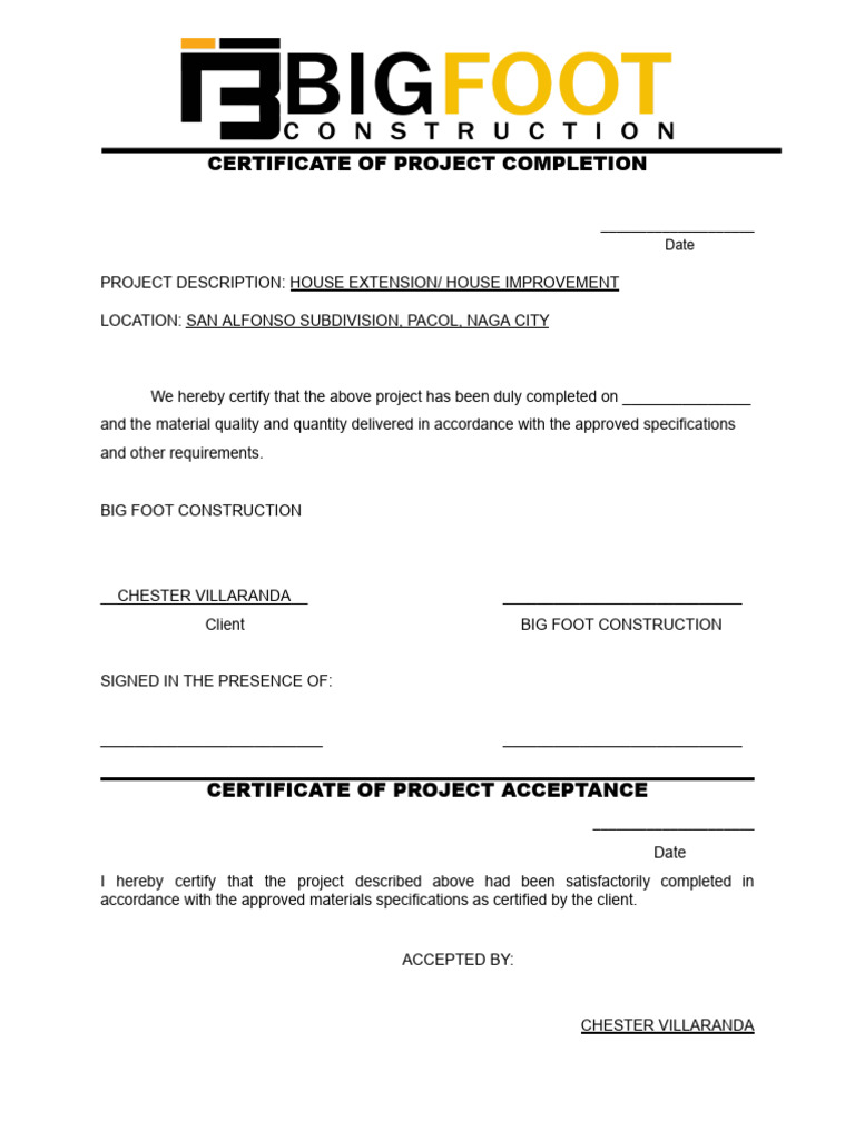 Certificate of Project Completion | PDF