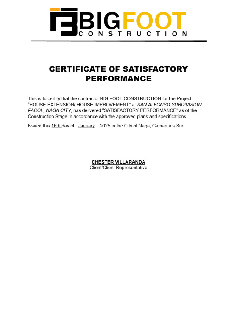 Certificate of Satisfactory Performance | PDF