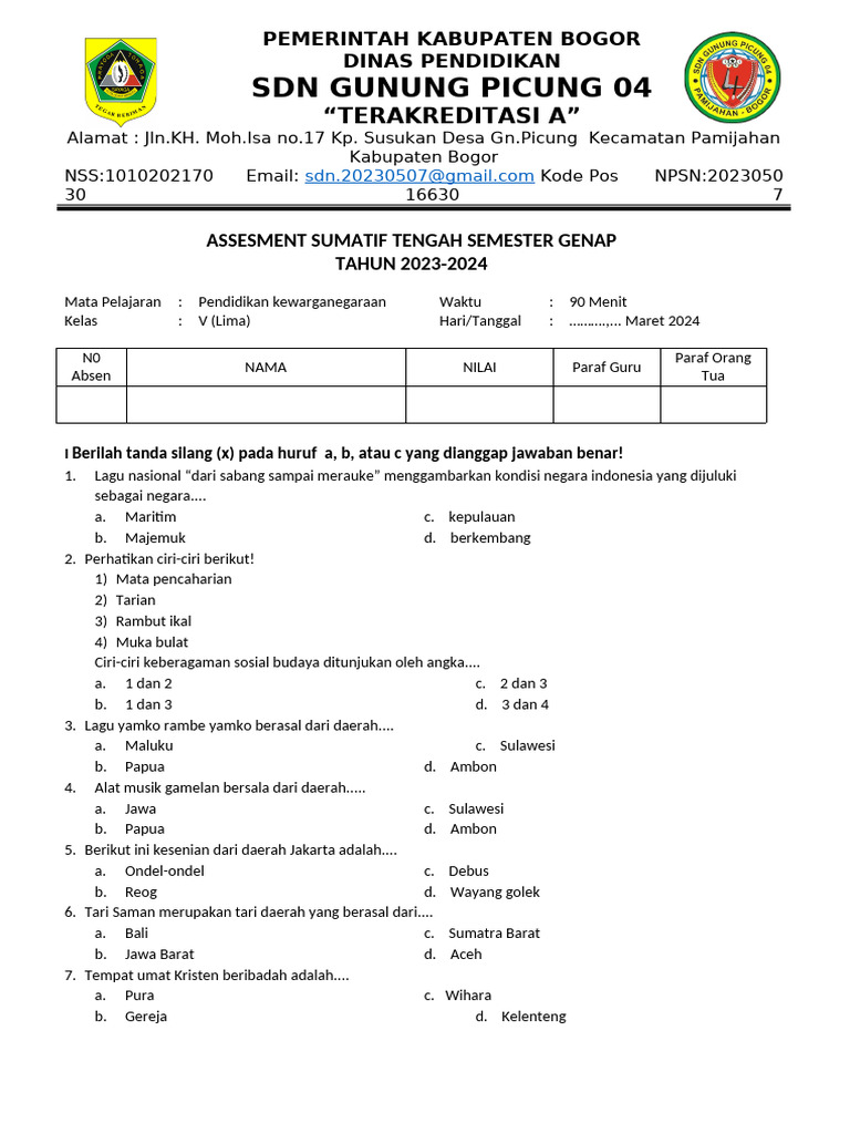 SOAL Pts Kelas 5 PKN SMT 2 | PDF