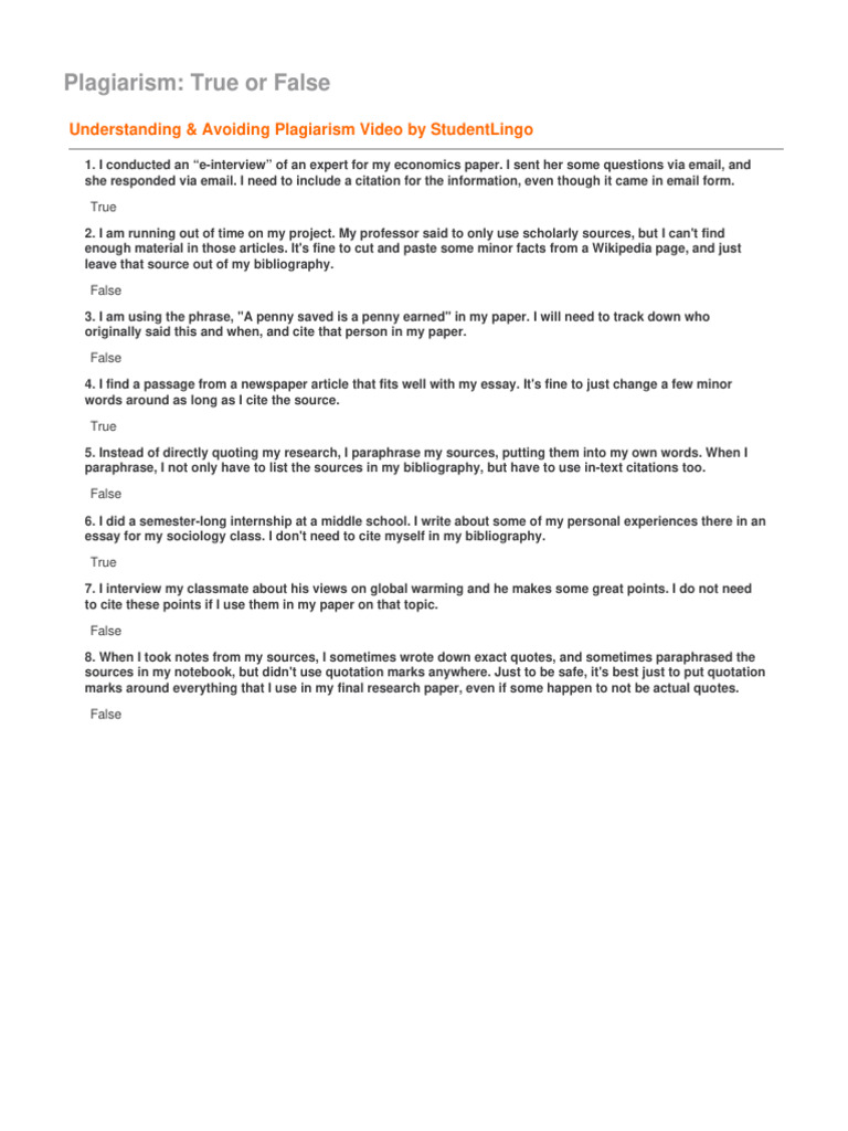 Plagiarism True False | PDF
