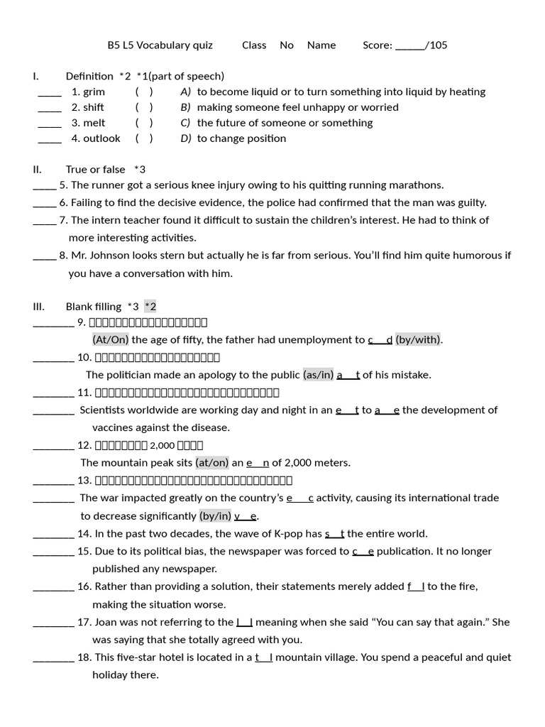 B5 L5 Vocabulary Quiz and Answers | PDF | Human Evolution