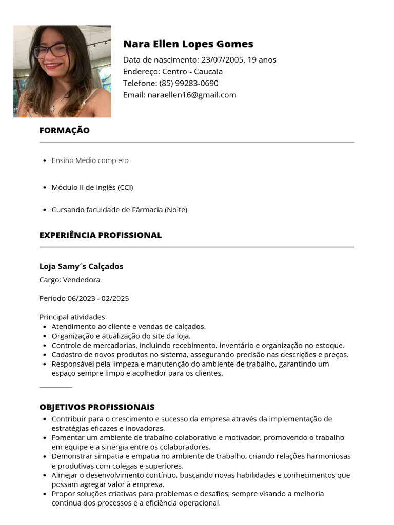 Currículo de Nara Ellen Gomes - Vendedora | PDF