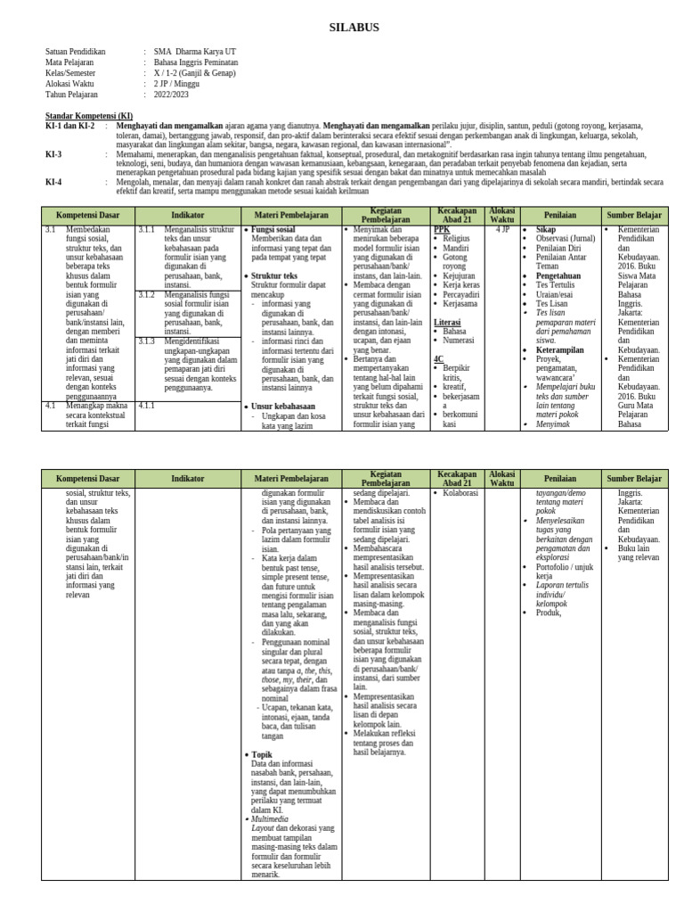 Silabus 8 Kolom | PDF