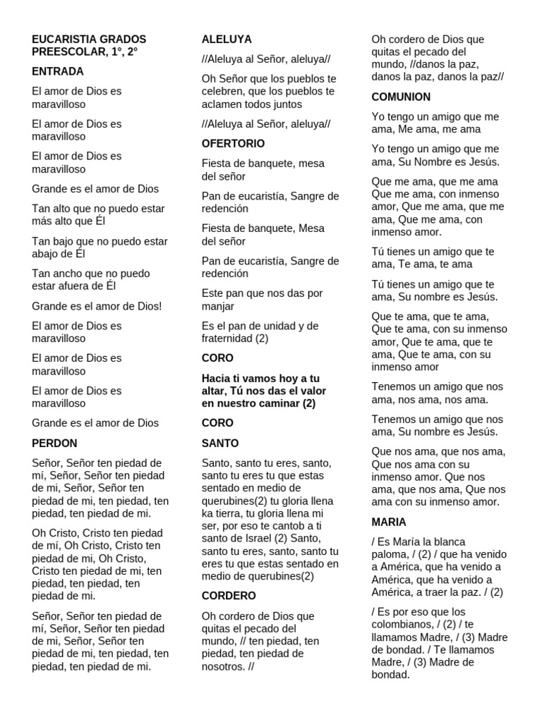 Eucaristía Canciones Y Oraciones Pdf Eucaristía María Madre De