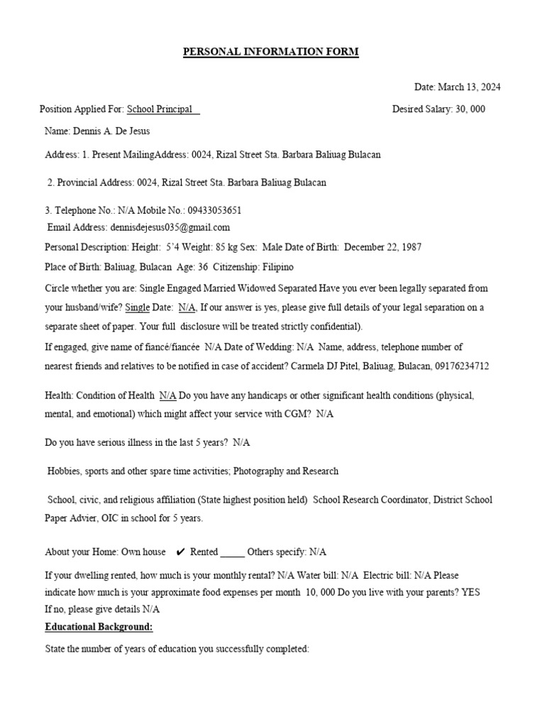 Personal Information Form (Short Filling Form) | PDF | Teachers