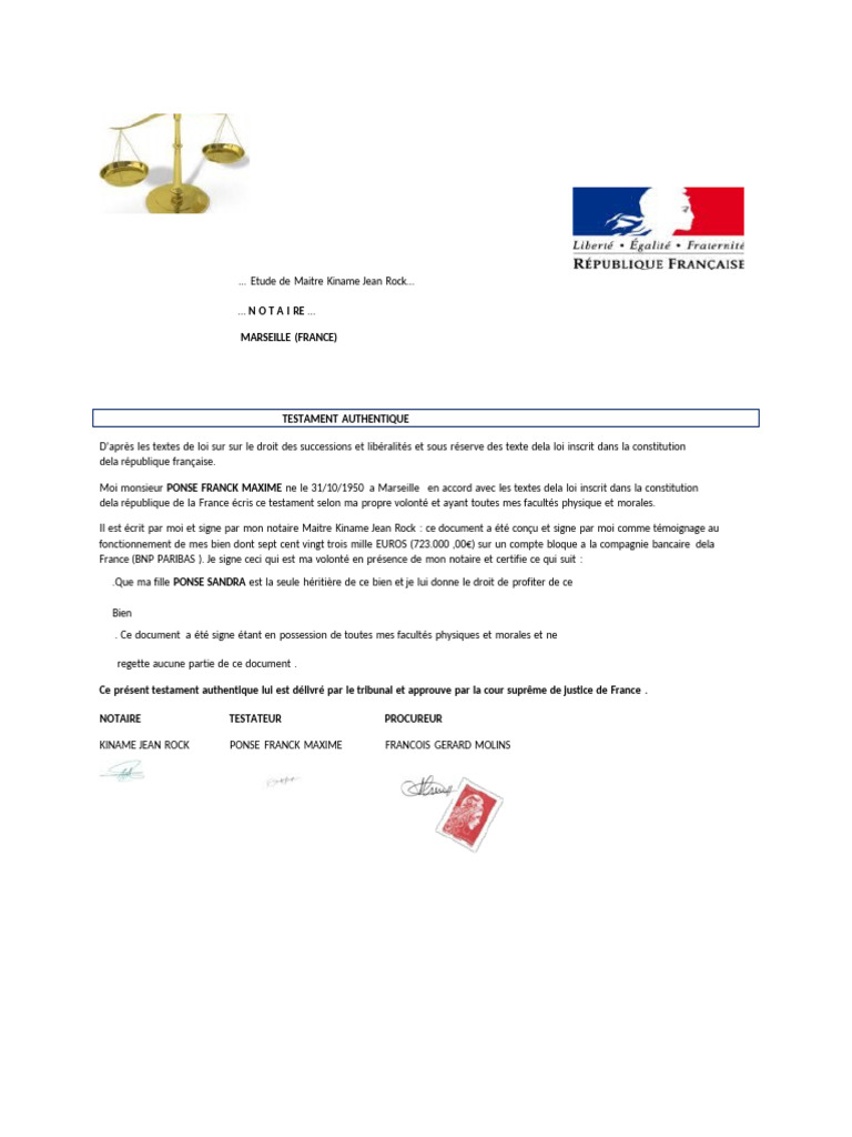 Testament Authentique de PONSE FRANCK MAXIME | PDF