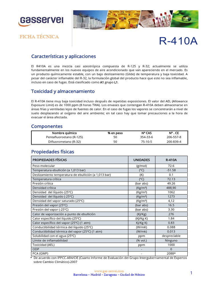 Ficha Tecnica R 410a | PDF | Gases | Propiedades termodinámicas.