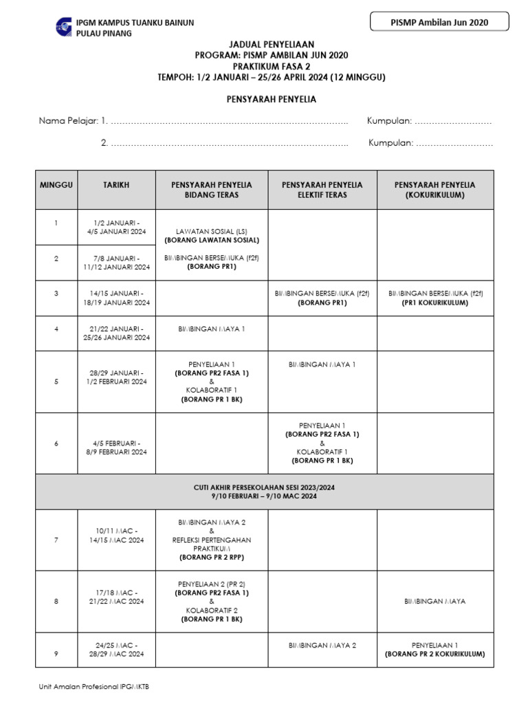 Jadual Penyeliaan Pensyarah Penyelia PISMP Ambilan Jun 2020 | PDF