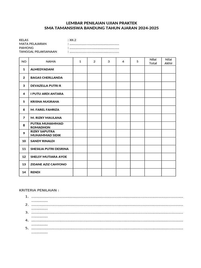LEMBAR PENILAIAN UJIAN PRAKTEK 2025 | PDF