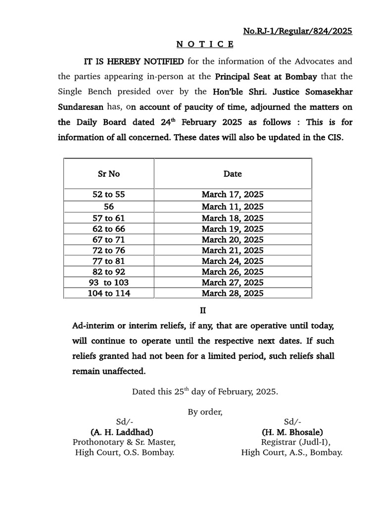 Bombay High Court Adjournment Notice | PDF