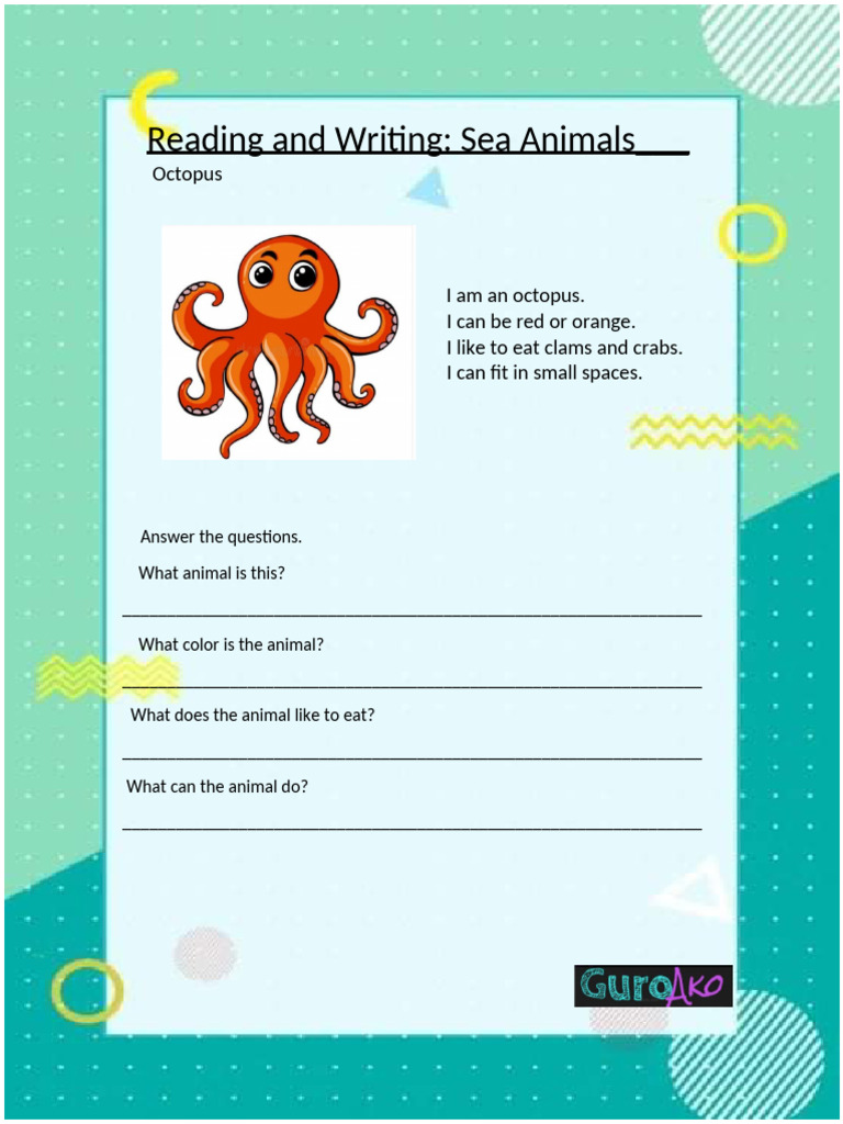 Reading and Writing Animal Sea Animals Octopus | PDF